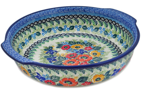 Polish Pottery 10¼-inch Round Baker with Handles Iris Meadow UNIKAT ...