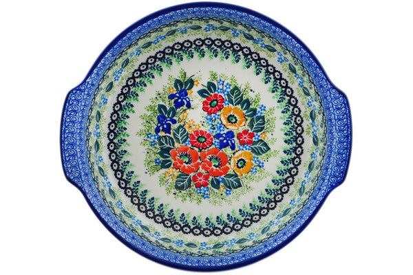 Polish Pottery 10¼-inch Round Baker with Handles Iris Meadow UNIKAT ...